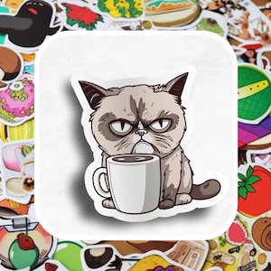 Grumpy Morning Cat Meme Sticker, Good Morning, Tired Cat Sticker, Vinyl ...