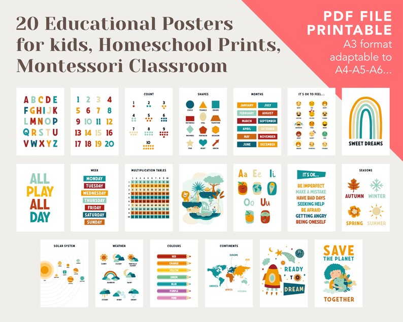Educational Poster Set of 20 Printable Posters for Children's ...