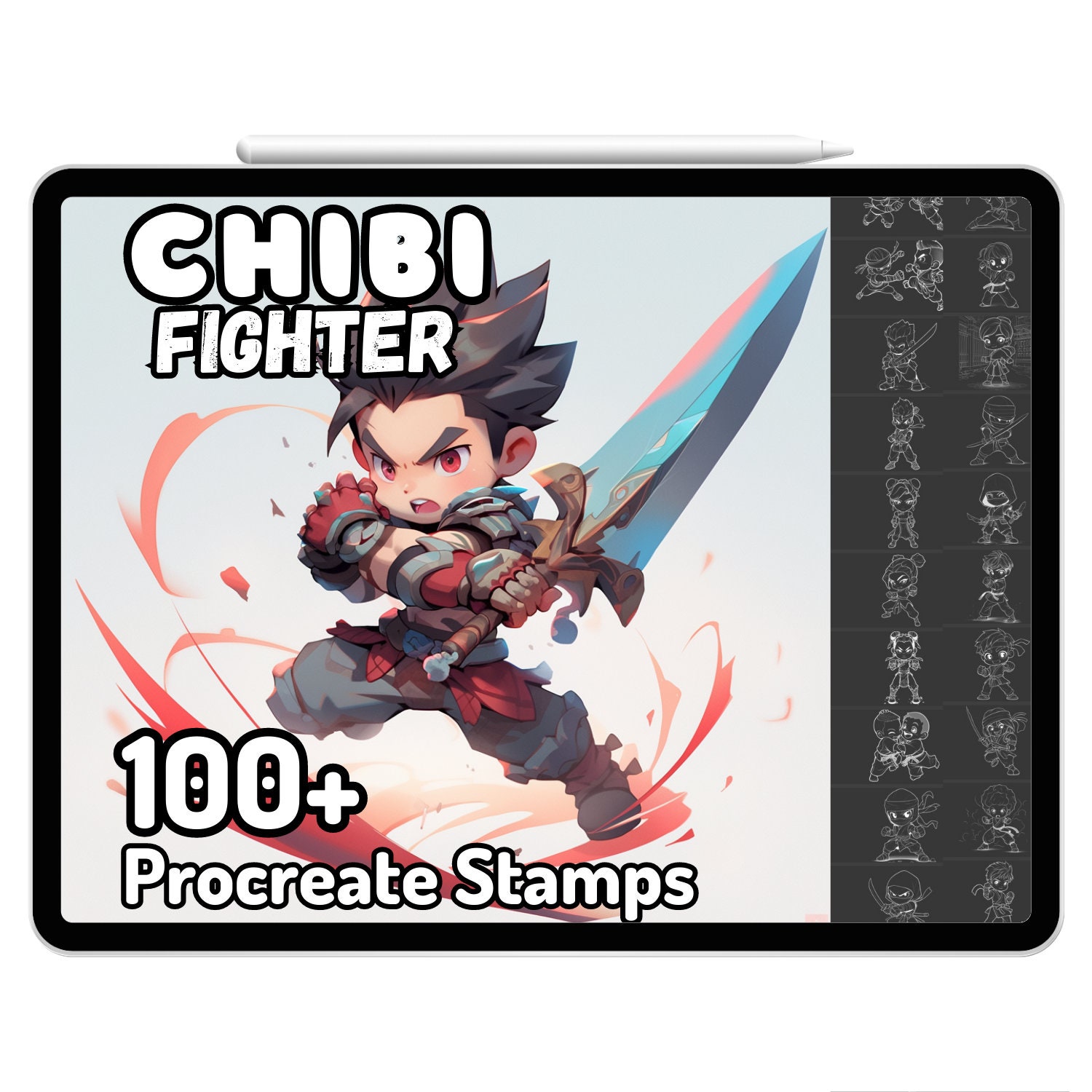Procreate Chibi Fighter Fighting Ninja Kungfu Taekwondo Sword Boxing Drawing Guide Stamps ...