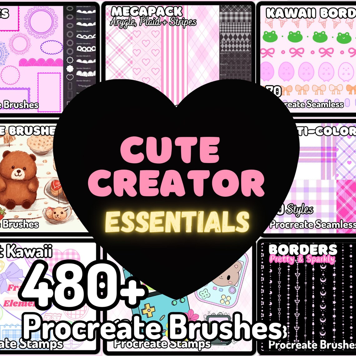 Procreate Creator Essentials Bundle Kawaii Cute Brushes Seamless Background Plaid Arygle Stripes ...