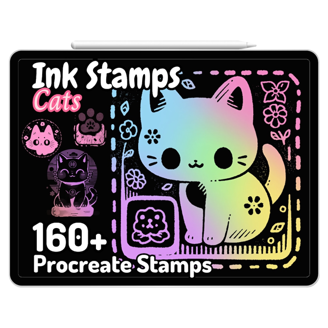 Procreate Ink Stamps Cute Cats Kawaii Brushes Tattoo Oriental Kitty ...