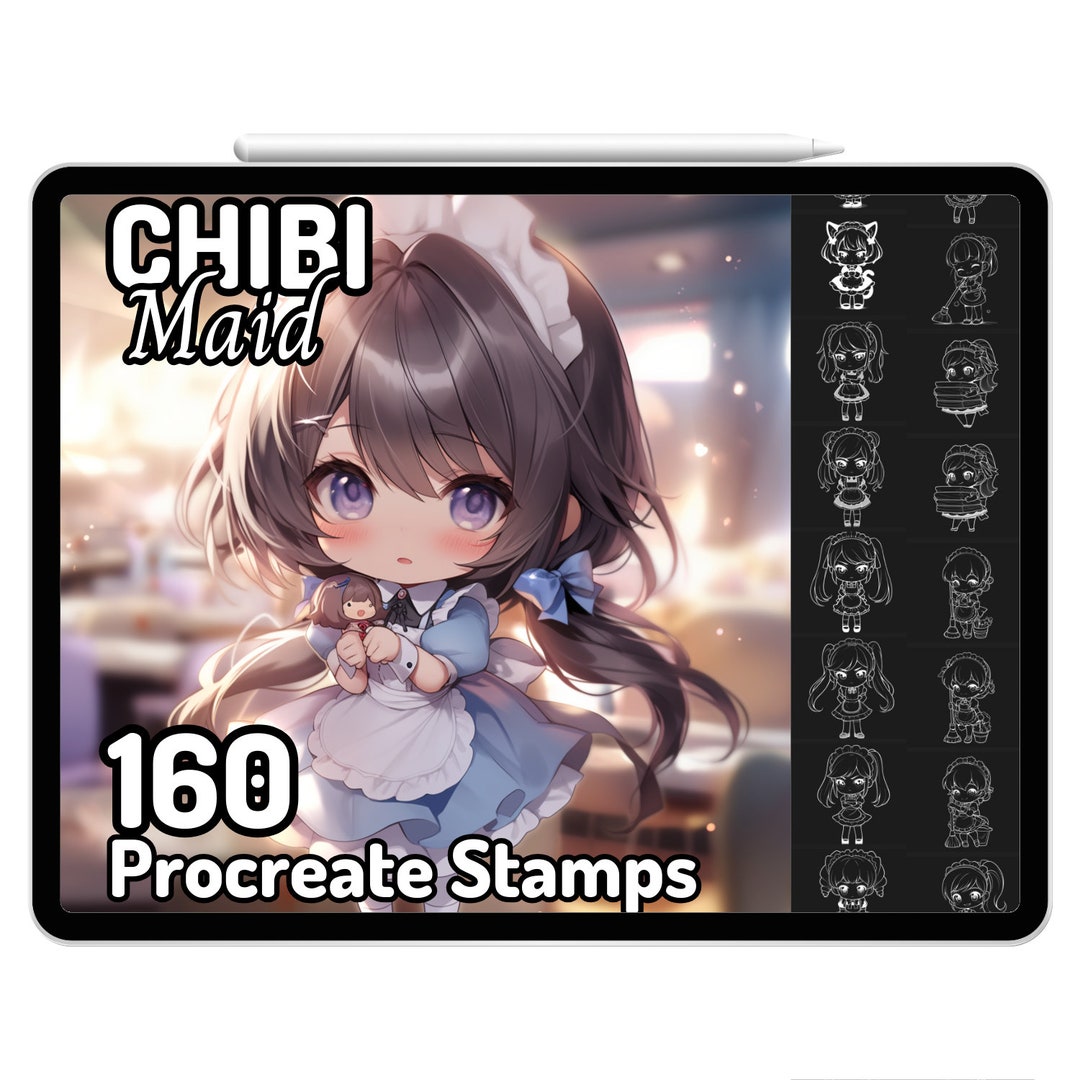 Procreate Chibi Maid Japanese Cute Girl Helper Drawing Guide Stamps ...