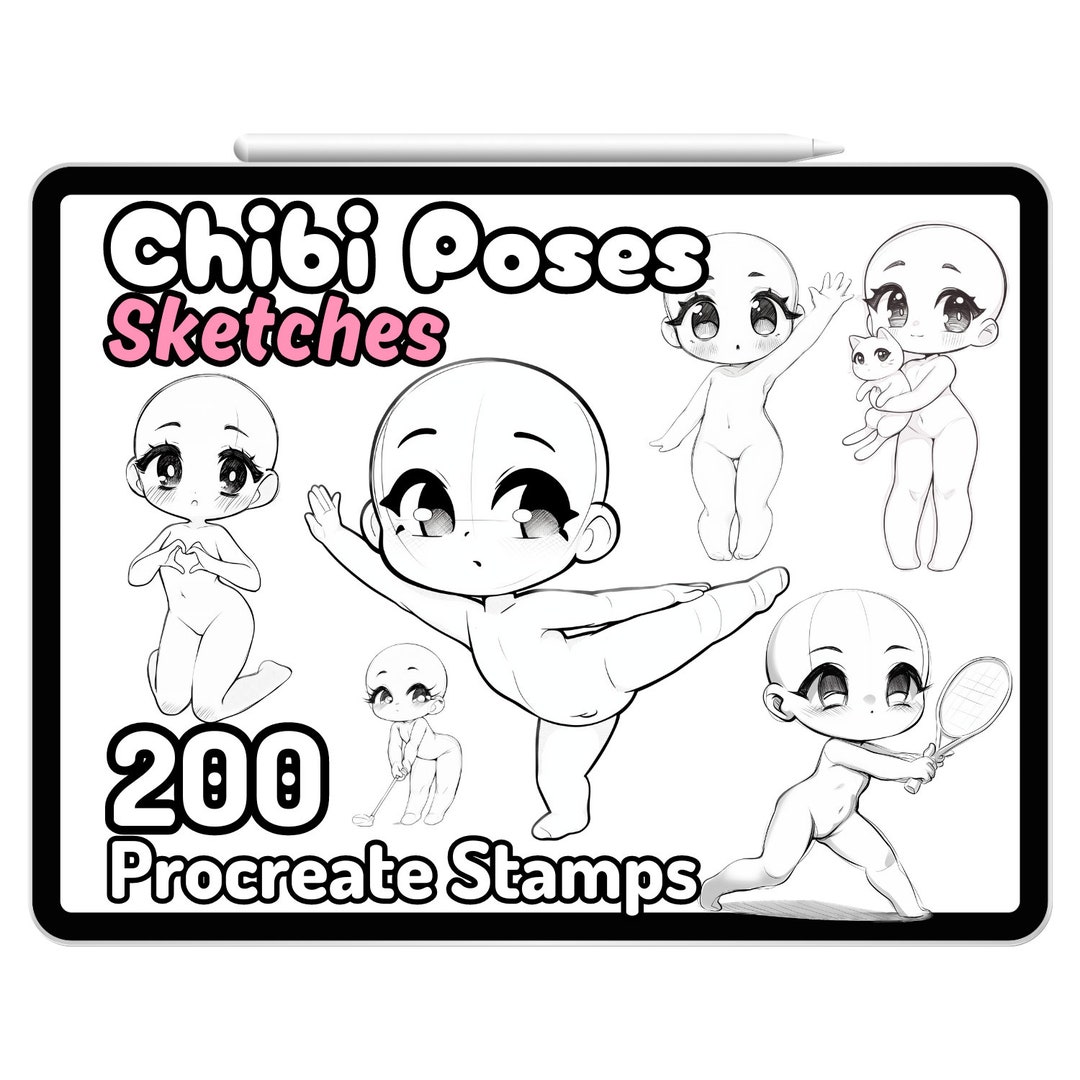 Procreate Chibi Poses Base Sketches Hand Gesture Kawaii Character Stamps Brush Guide Cute Female ...