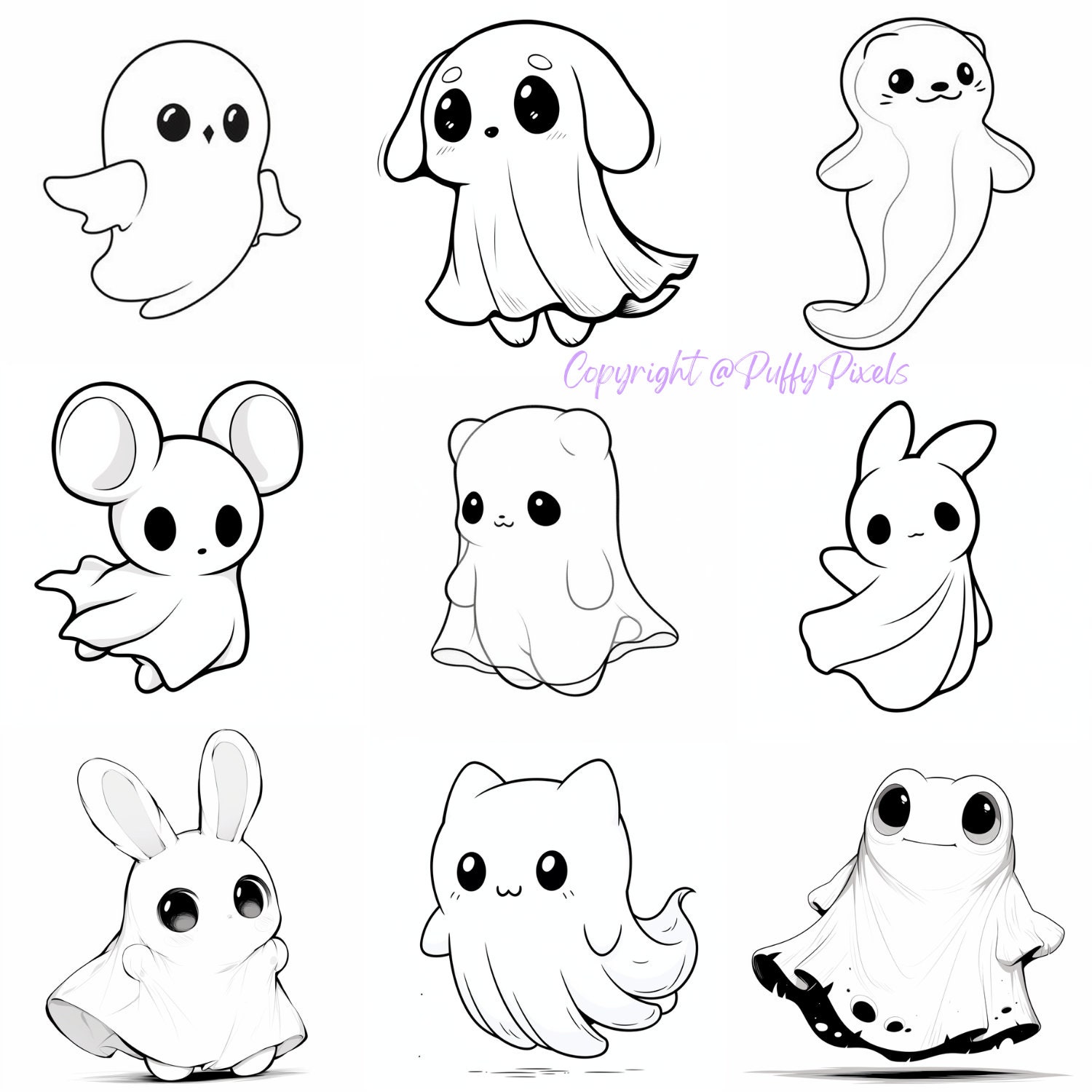 Procreate Cute Ghosts Animals Kawaii Tattoo Chibi Halloween Spooky ...