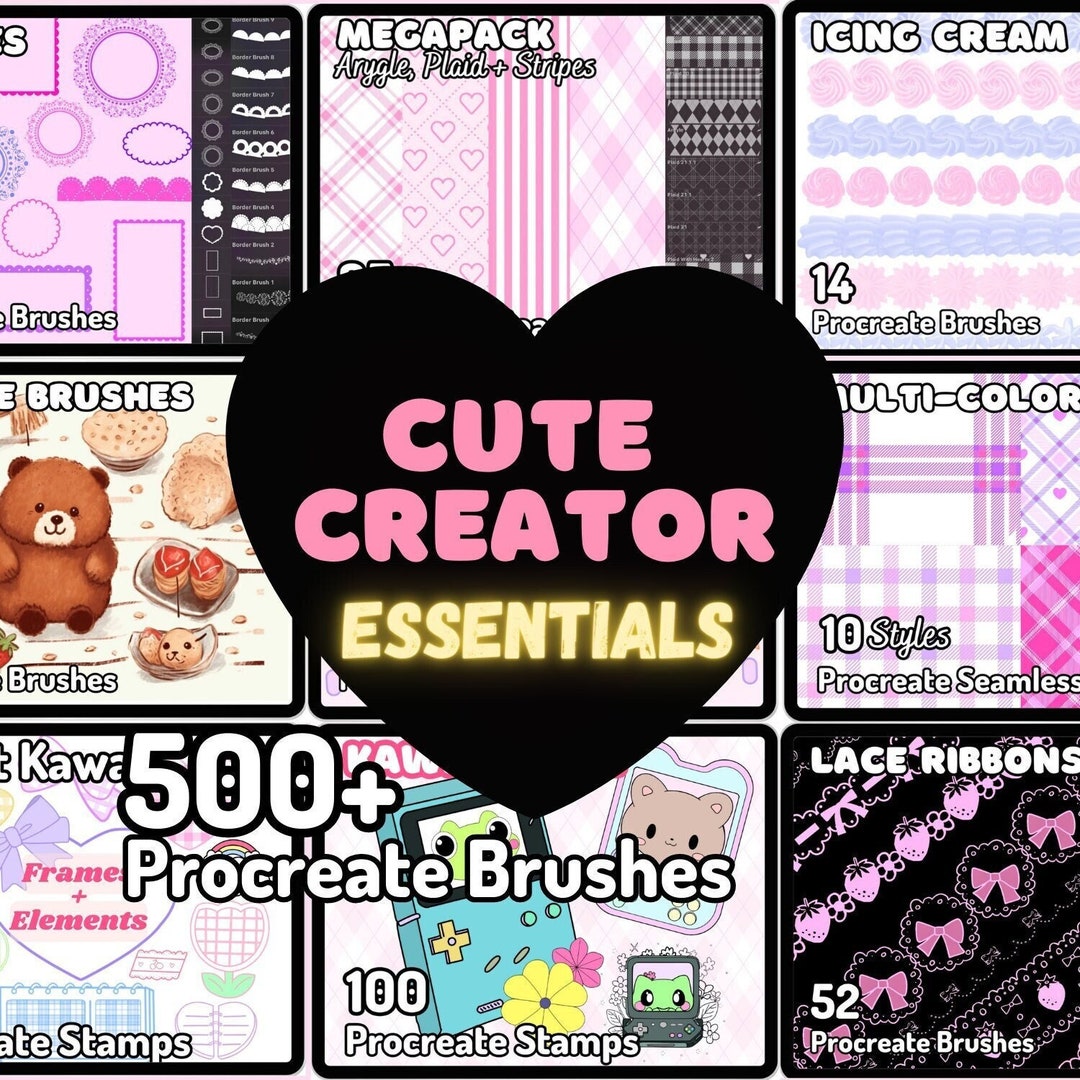 Procreate Creator Essentials Bundle Kawaii Cute Brushes Seamless Background Plaid Arygle Stripes ...