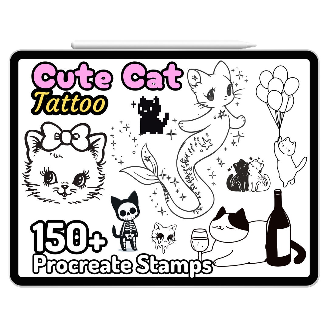 Procreate Tattoo Cute Cat Kitty Stamps Minimalist Kawaii Brushes ...