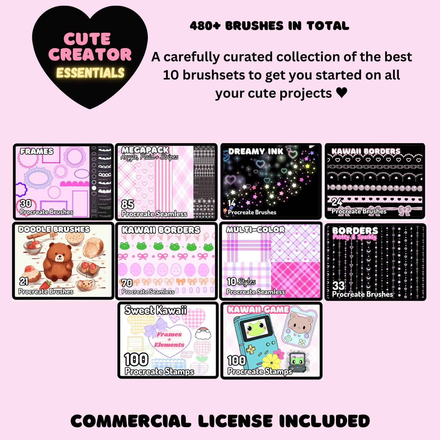 Procreate Creator Essentials Bundle Kawaii Cute Brushes Seamless Background Plaid Arygle Stripes ...