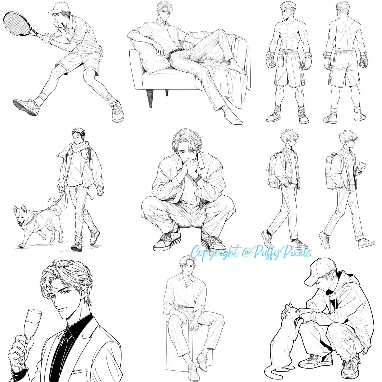 Procreate Male Poses Anime Body Guides Stamps Man Boy Brushes Cute ...