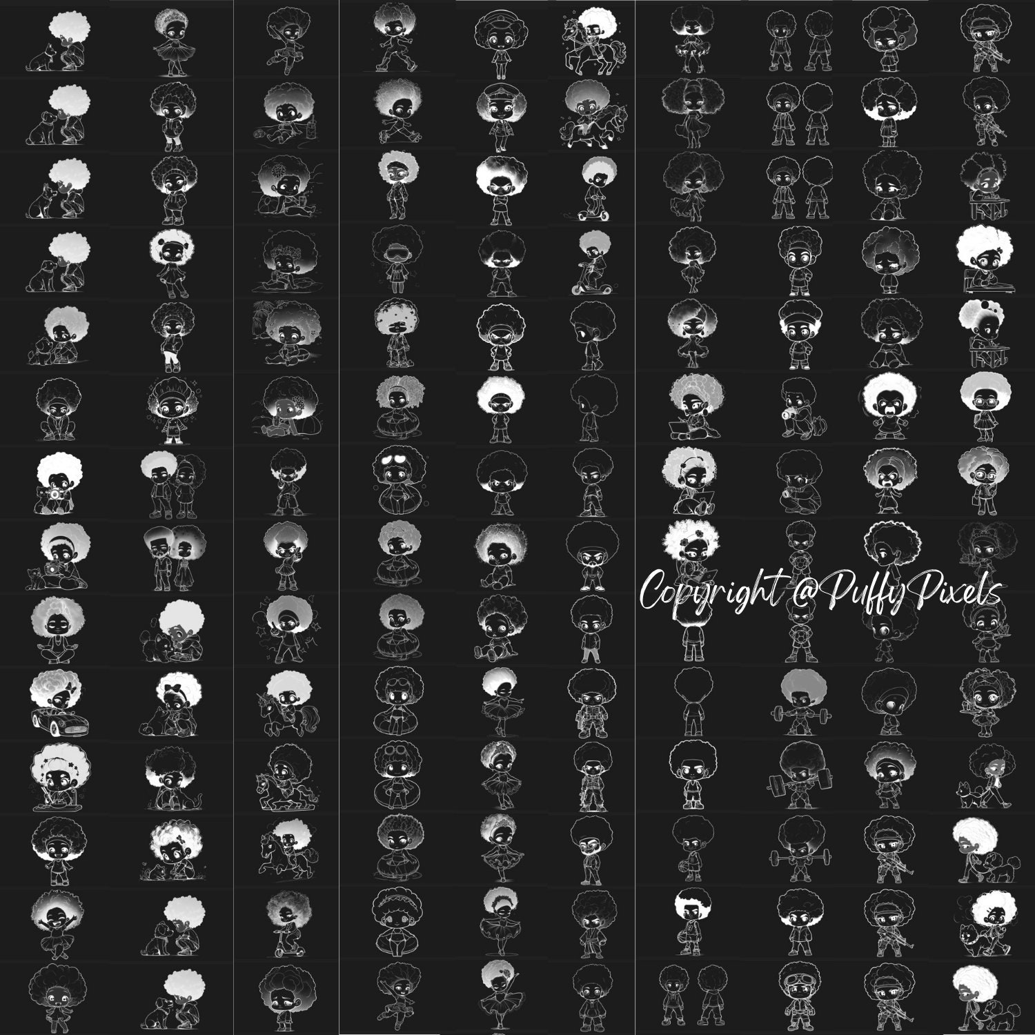 Procreate Chibi Afro Curly Big Hair Cute Girl Black BLM Boy Drawing ...