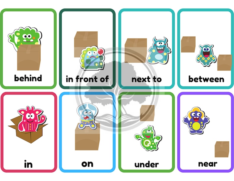 Preposition Printable Flashcards, Monster, PDF, Printable, Digital ...