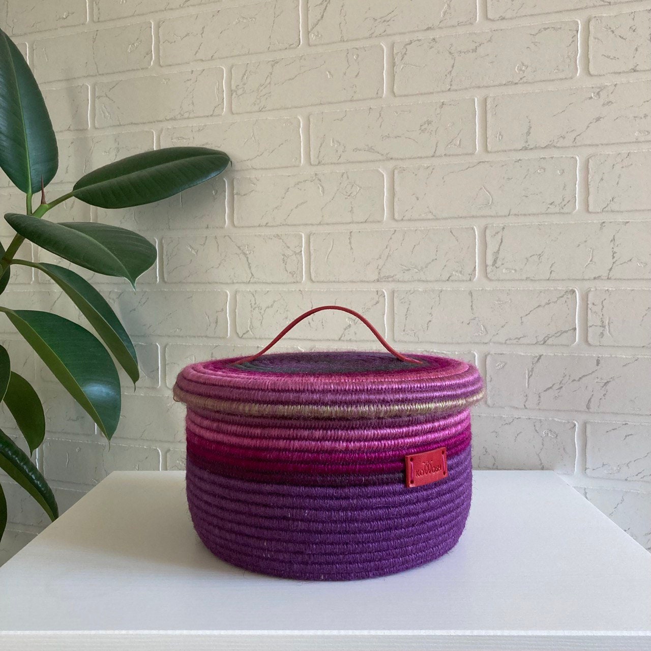 Purple Rope Basket With Lid Storage With Leather Handle - Etsy