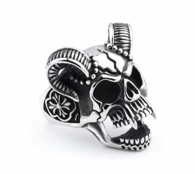 Bague réglable crâne de vampire cornu, bijoux de motard rock punk goth ...