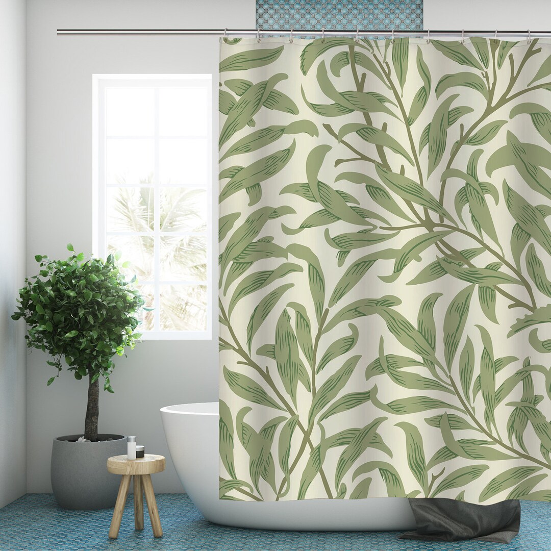 Green Leaf Shower Curtain Botanical Floral Modern Fabric - Etsy