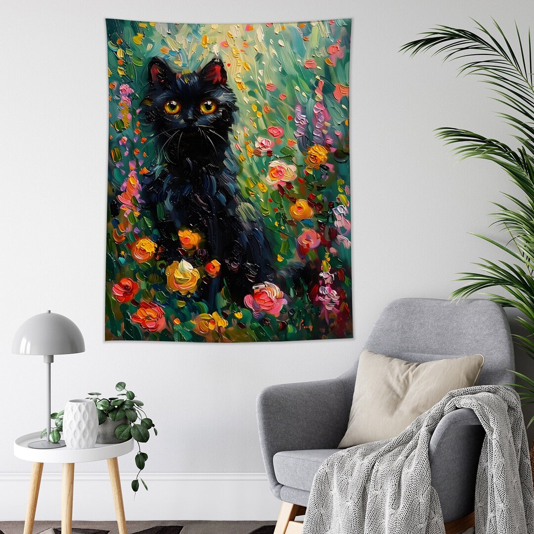 Monet Style Black Cat Tapestry Aesthetic Oil Painting Fabric Wall ...