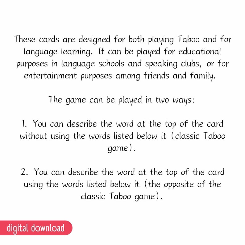 Printable A1-A2, B1-B2, and C1 English Taboo Cards: 306 Cards for ...