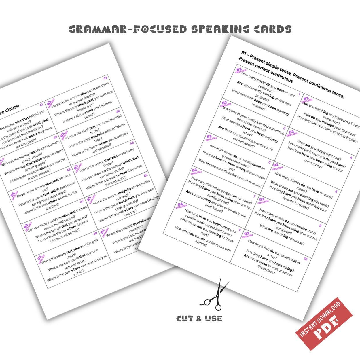 English Grammar Speaking Cards: A1-C1 Levels (PDF Pattern) - Etsy