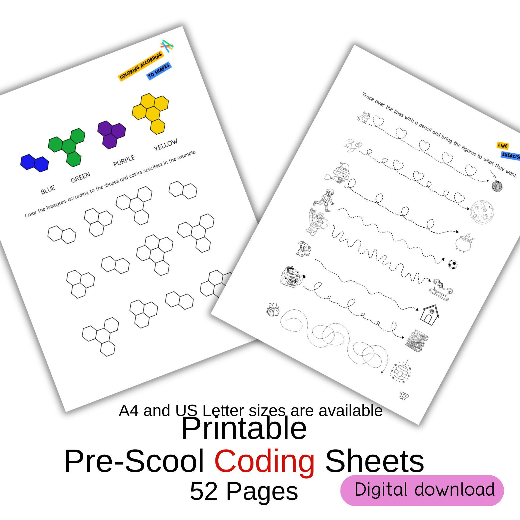 Printable Preschool Coding Sheets (52 Pages) | Numbers, Letters, Shapes ...