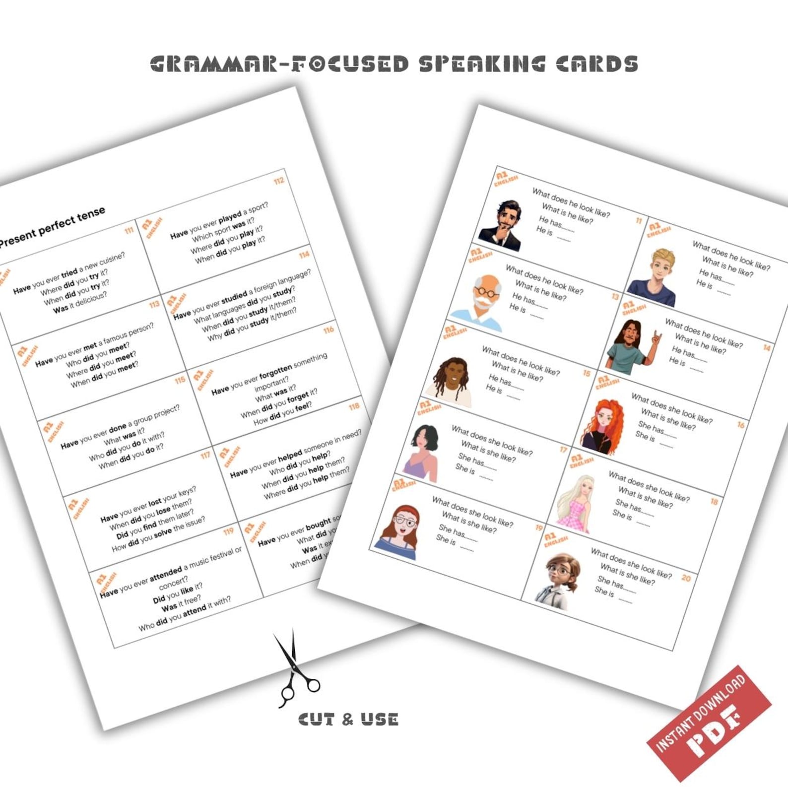 English Grammar Speaking Cards: A1-C1 Levels (PDF Pattern) - Etsy