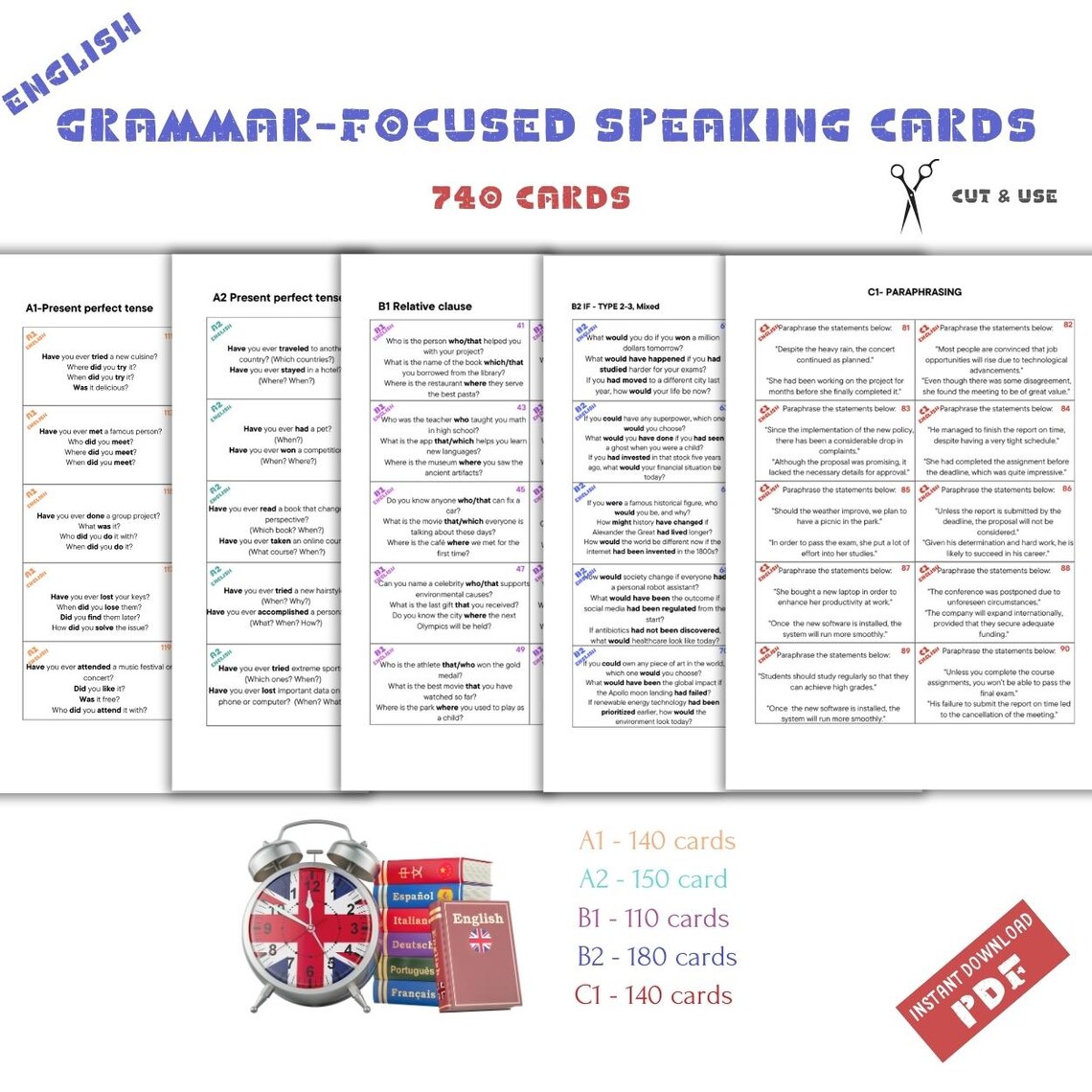 English Grammar Speaking Cards: A1-C1 Levels (PDF Pattern) - Etsy