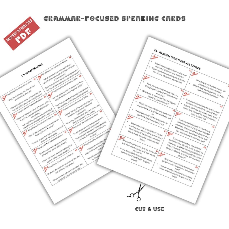English Grammar Speaking Cards: A1-C1 Levels (PDF Pattern) - Etsy