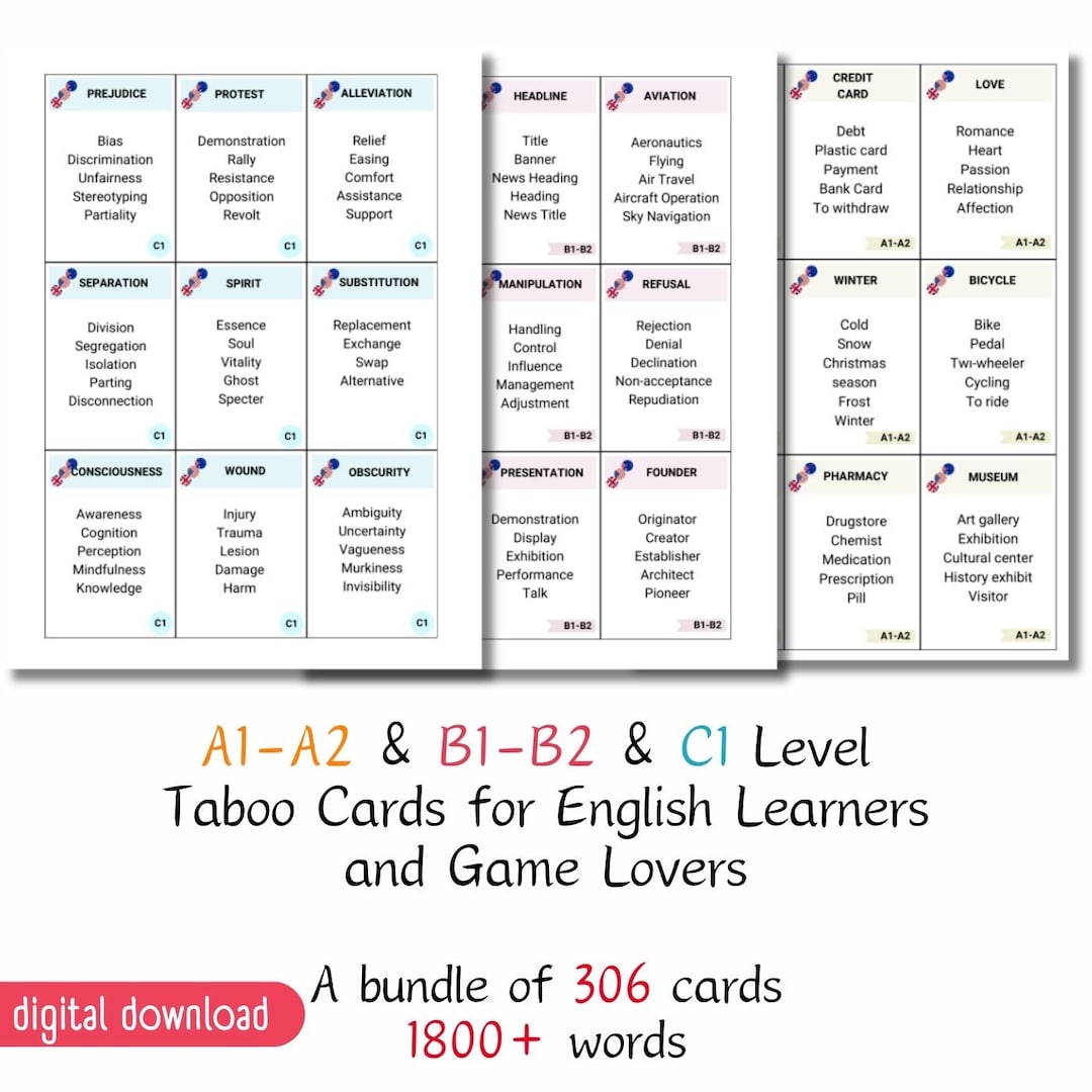 Printable A1-A2, B1-B2, and C1 English Taboo Cards: 306 Cards for ...