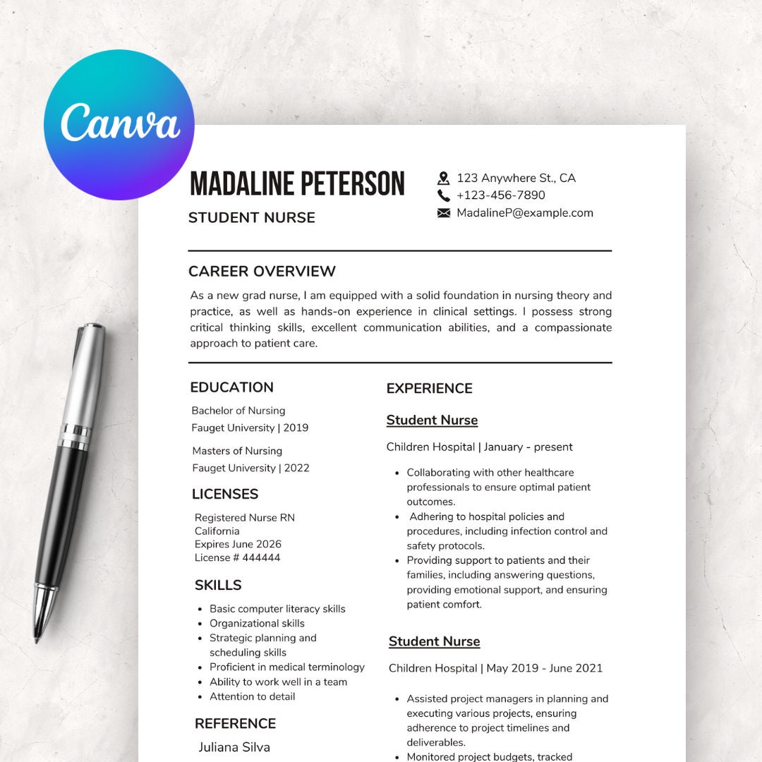 Minimal New Grad Nurse Resume Template| ATS Nurse Resume | Nursing ...