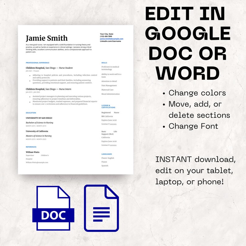 2023 Google Docs Resume Template Word| New Grad Nurse Resume Template ...