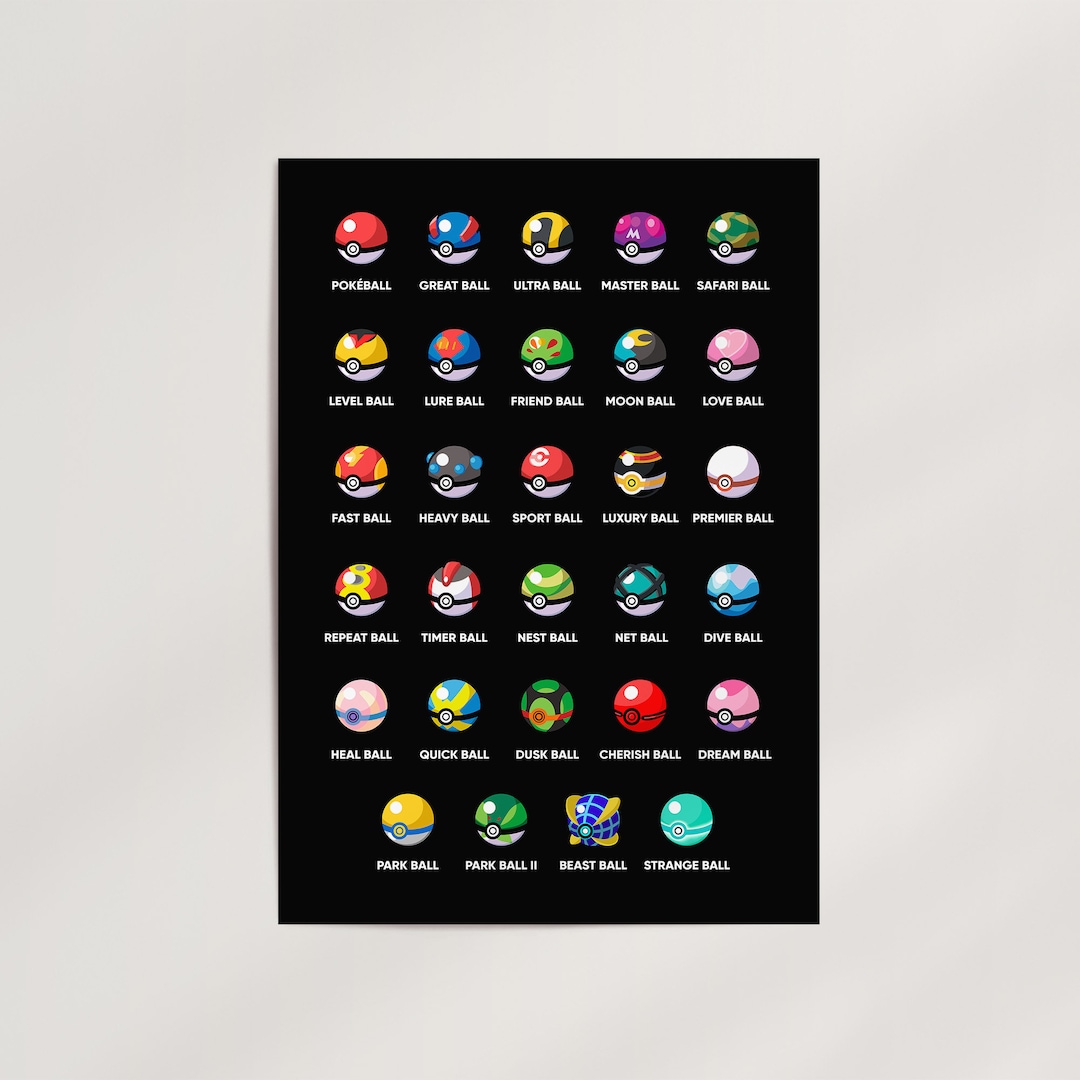 Pokémon Pokéball Collection Chart (black) Premium Wall Art Poster ...