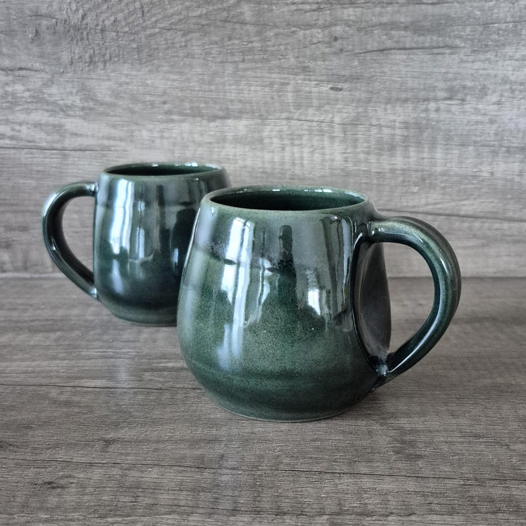 Handmade Green Stoneware Coffee Mug, Thumb Rest Imprint Pottery Ceramic ...