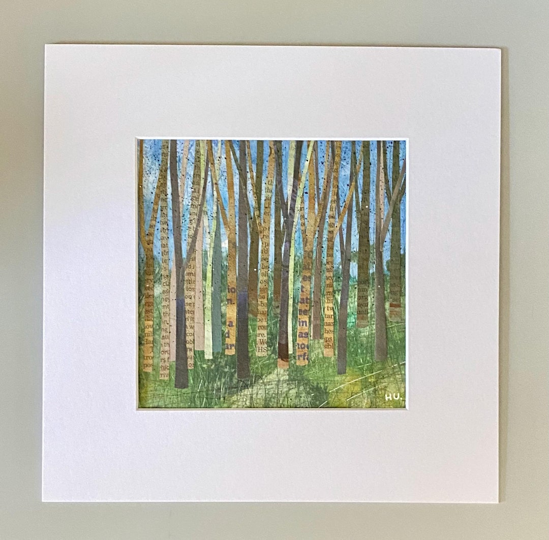 Original Trees Landscape Painting, 8x8 Earthy Collage Wall Art ...