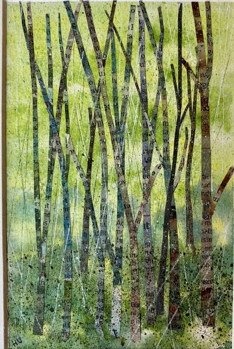 Green Collage Trees Painting, Small Original Wall Art, Nature Inspired ...