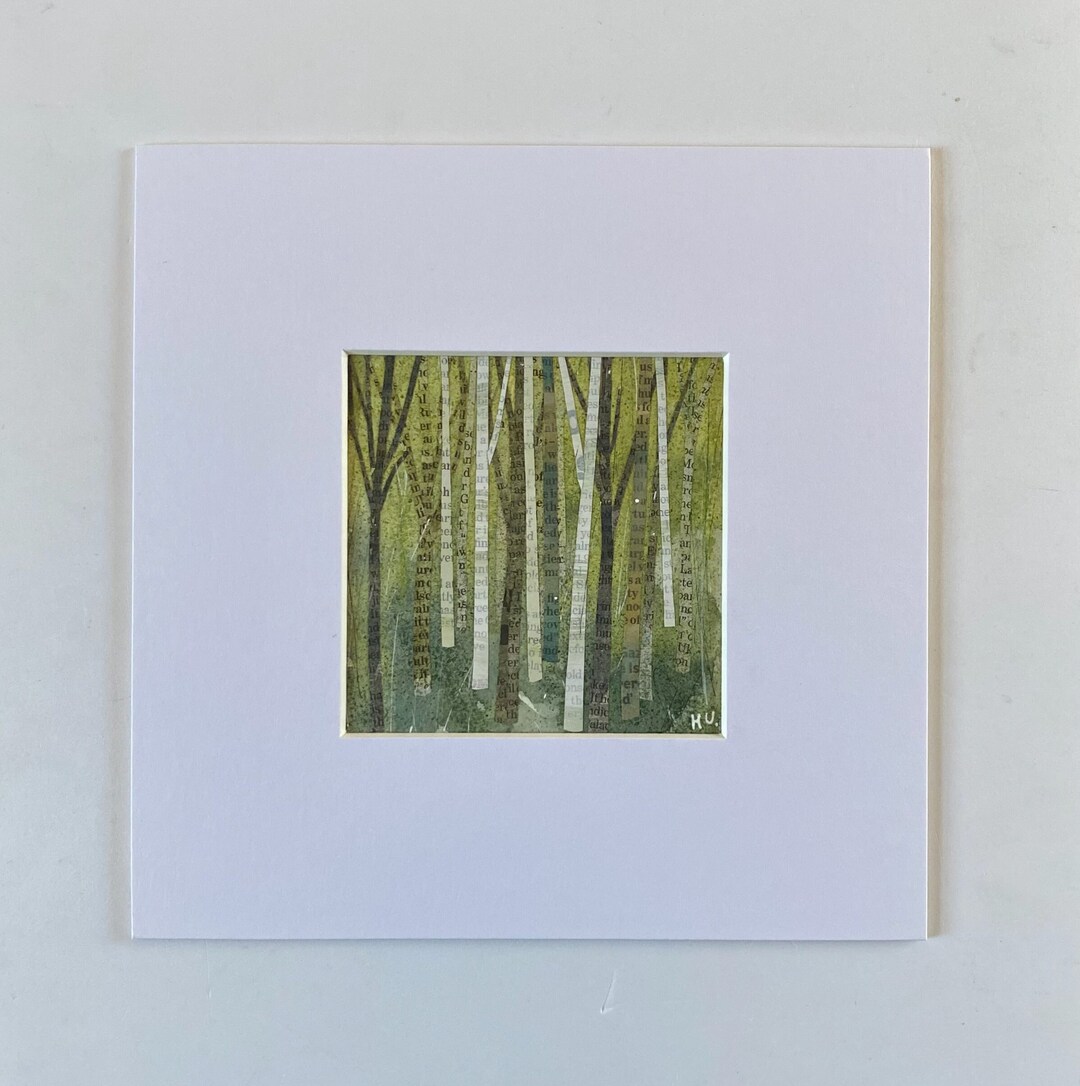 Green Collage Trees Painting, Small Original Wall Art, Abstract ...