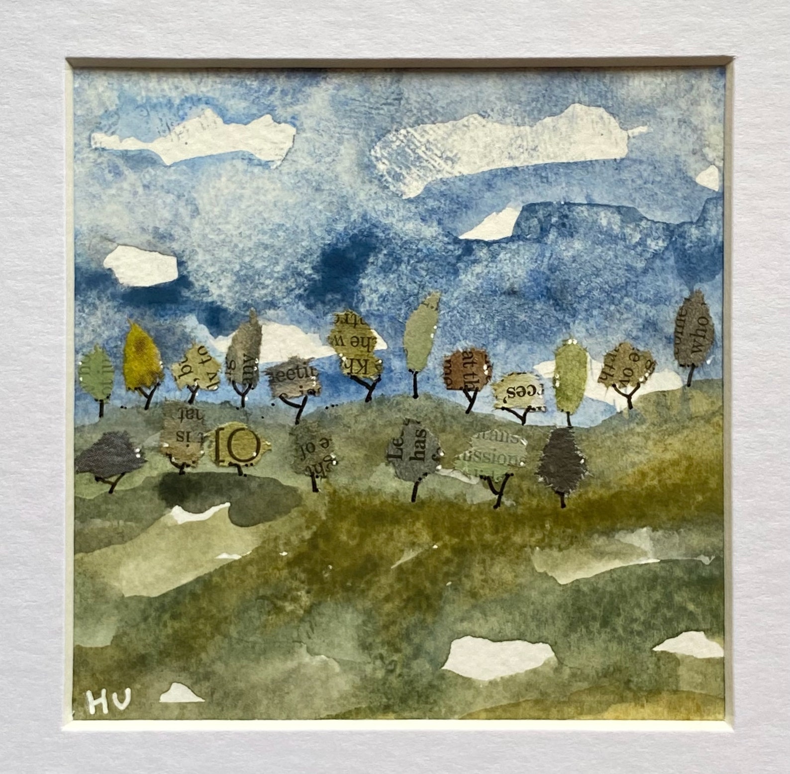 Small Watercolour Trees Landscape Painting, Original Green Collage ...