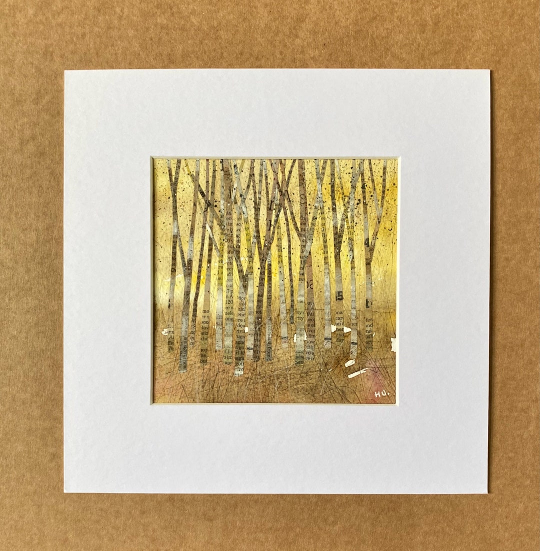 Yellow Collage Trees Landscape Painting, Original Watercolour Abstract ...