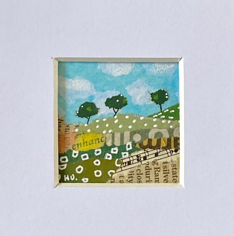 Miniature Collage Trees Landscape Painting, Unique Tiny Countryside ...