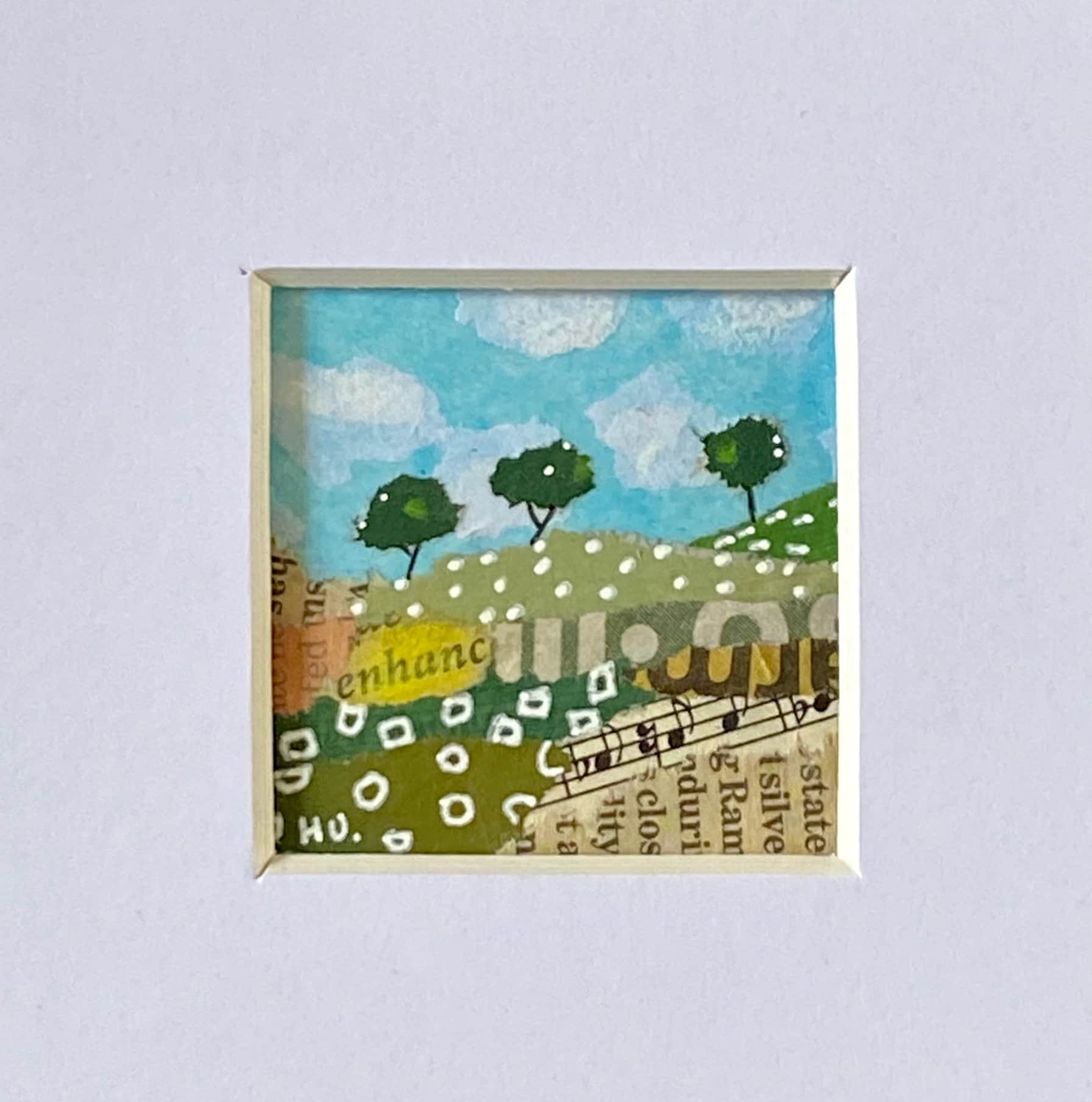 Miniature Collage Trees Landscape Painting, Unique Tiny Countryside ...