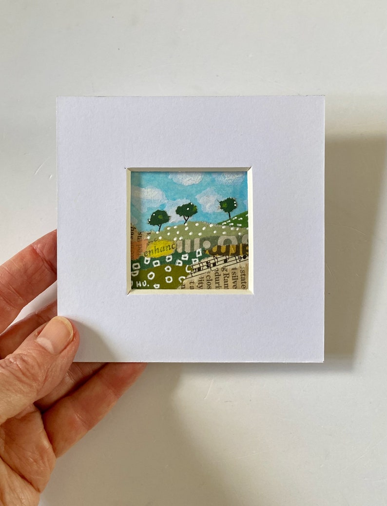 Miniature Collage Trees Landscape Painting, Unique Tiny Countryside ...