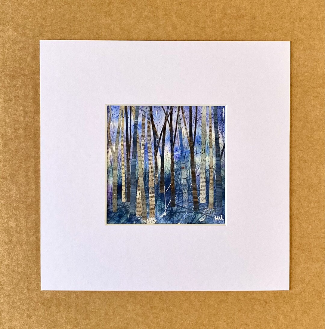 Small Blue Collage Trees Painting, Original Modern Landscape Wall Art ...