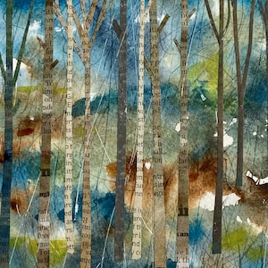 Blue Collage Trees Landscape Painting, Original Earthy Abstract ...