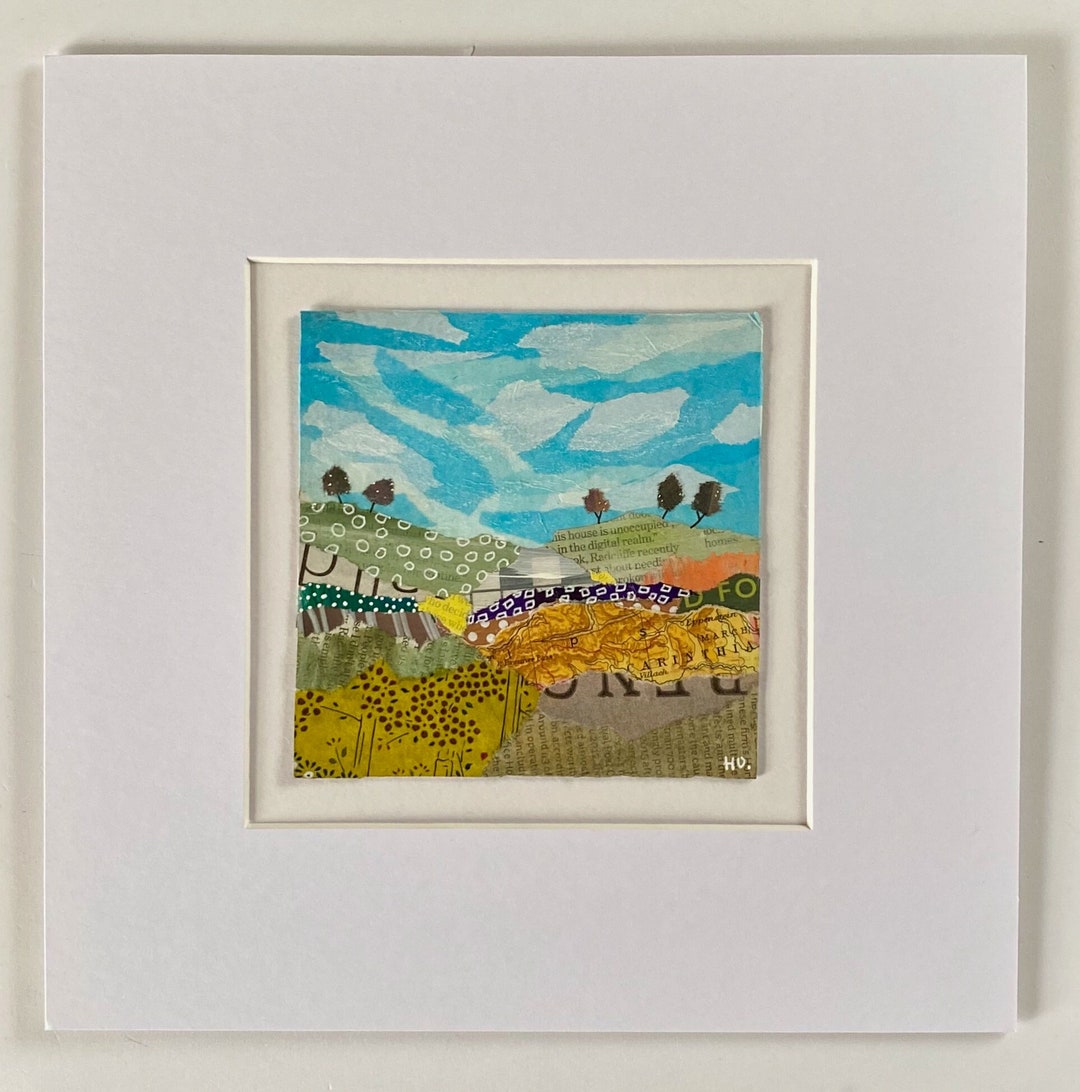 Small Collage Landscape Painting, Original Mixed Media Countryside ...