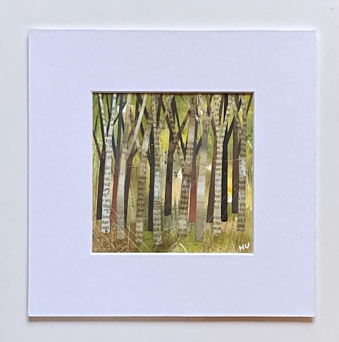 Paper Collage Trees Painting, Small Rustic Countryside Wall Art ...