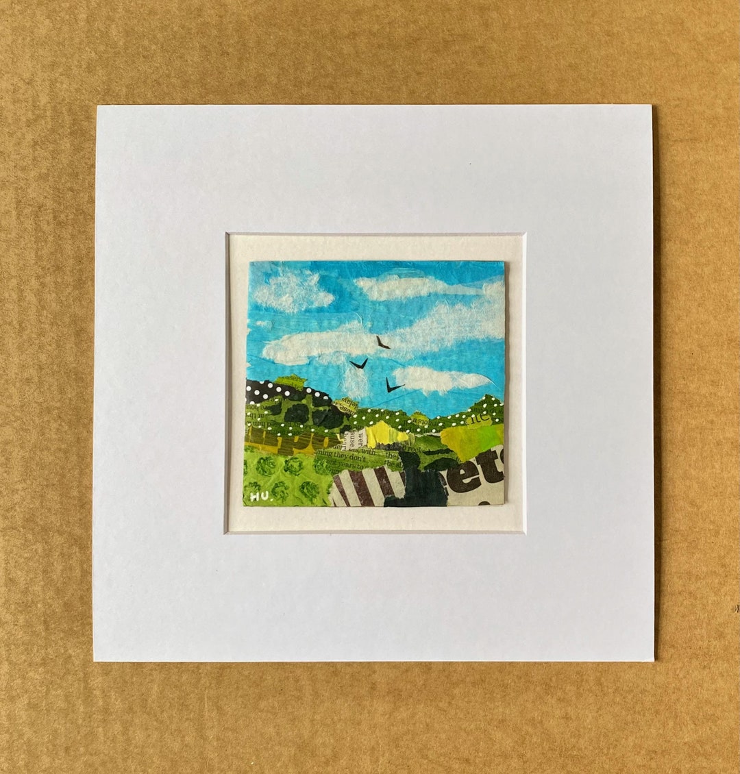 Original Collage Landscape Painting, Small Handmade Countryside Wall ...