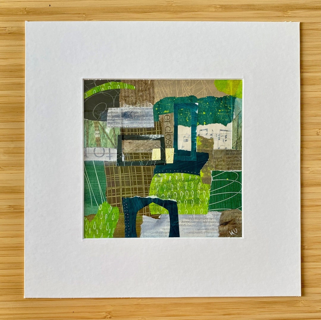 Original Paper Collage Abstract Art, 10x10 Modern Wall Art, Green Home ...