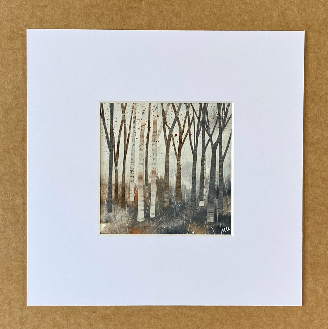 Original 8x8 Earthy Collage Trees Landscape Painting, Small Neutral ...