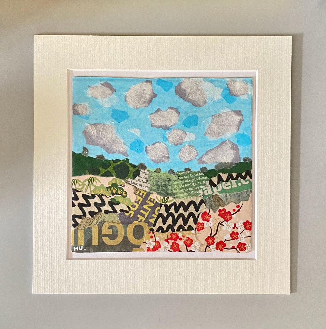 Colourful Collage Landscape Painting, Small Abstract Countryside Wall ...