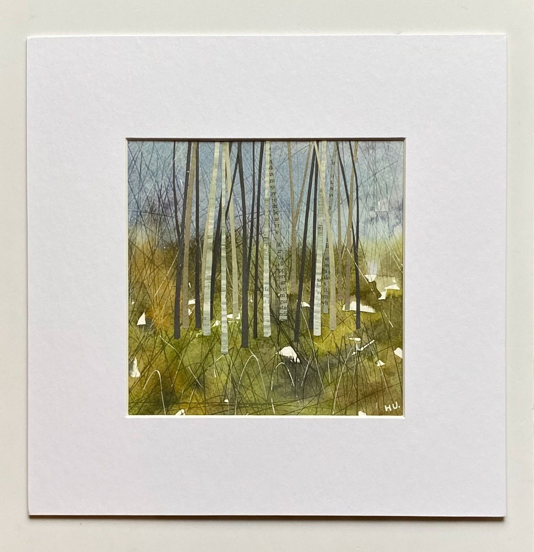Original 10x10 Earthy Collage Trees Landscape Painting, Small ...