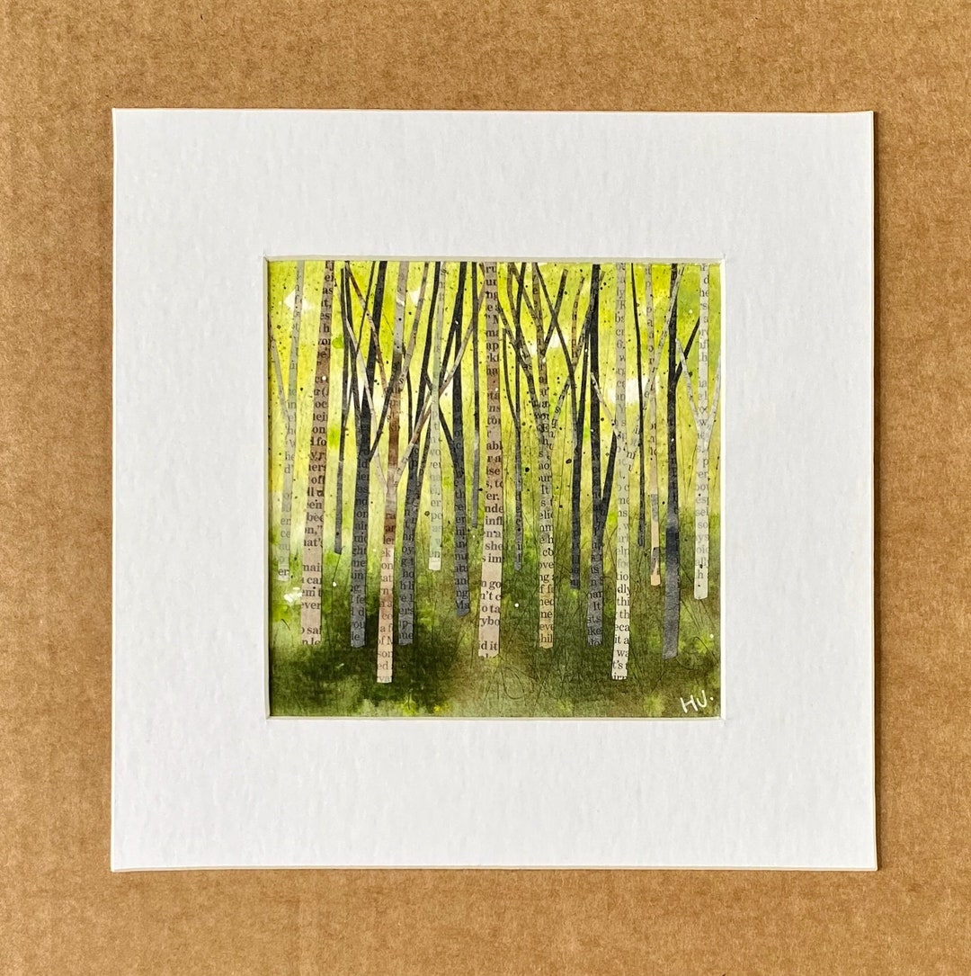 Paper Collage Trees Landscape Painting, Original Watercolour Woodlands ...