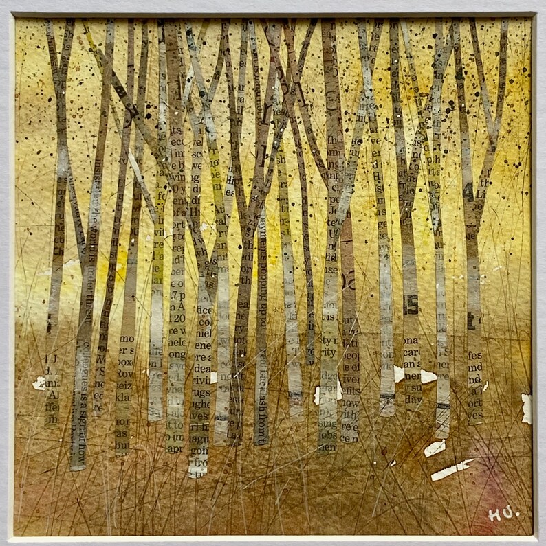 Yellow Collage Trees Landscape Painting, Original Watercolour Abstract ...