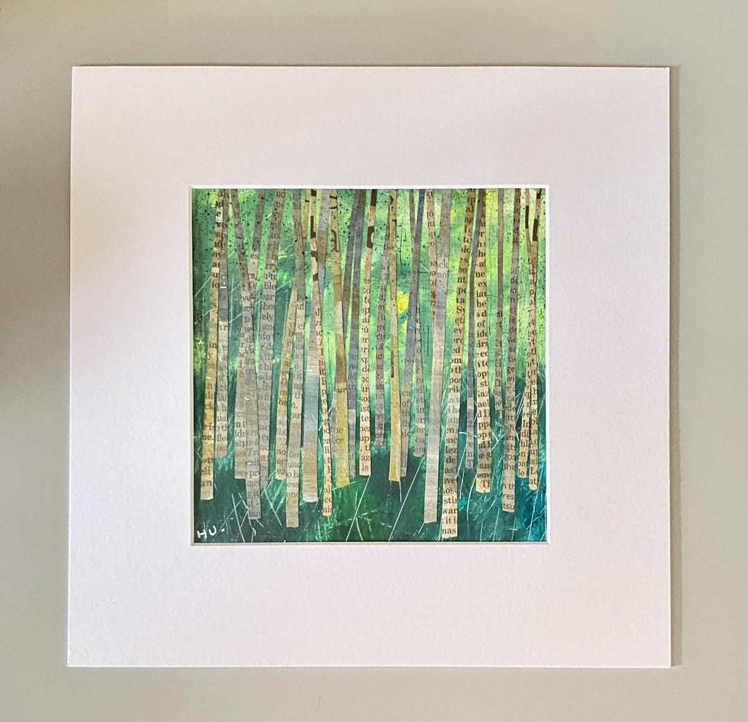 Small Paper Collage Trees Wall Art, Original Green Watercolour ...
