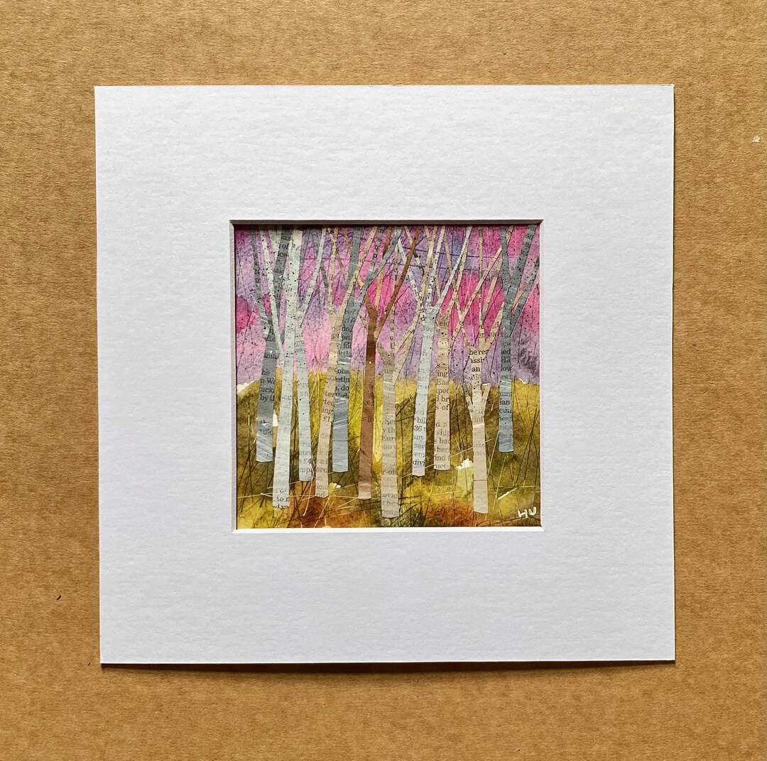 Rustic Paper Collage Trees Painting, Small Abstract Landscape Wall Art ...